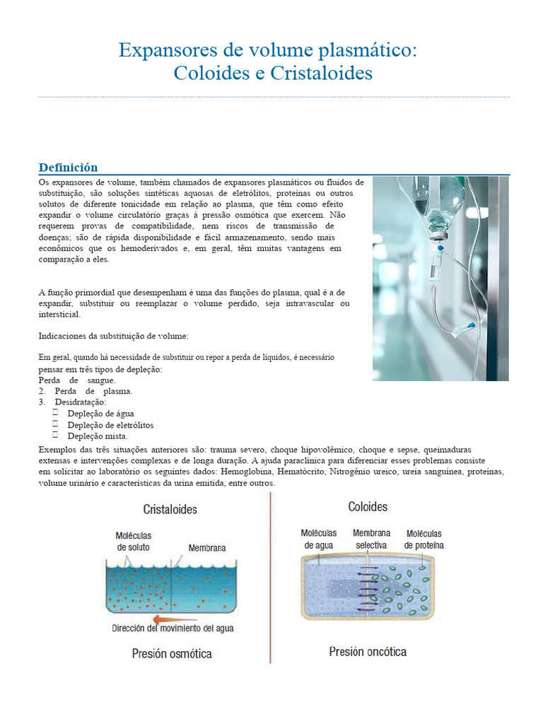 Expansores de Volume: Tipos e Indicações | PDF | Plasma sanguíneo | Osmose