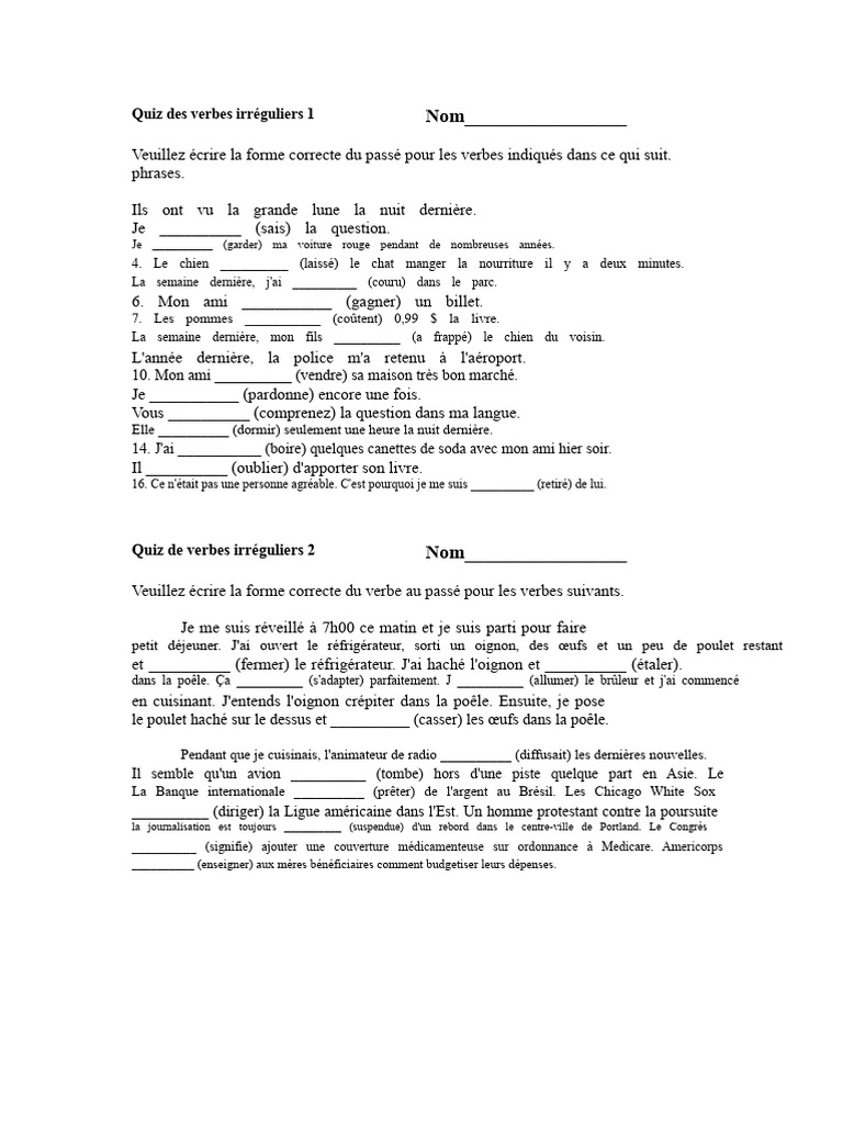 Quiz sur les verbes irréguliers au passé | PDF | Verbe