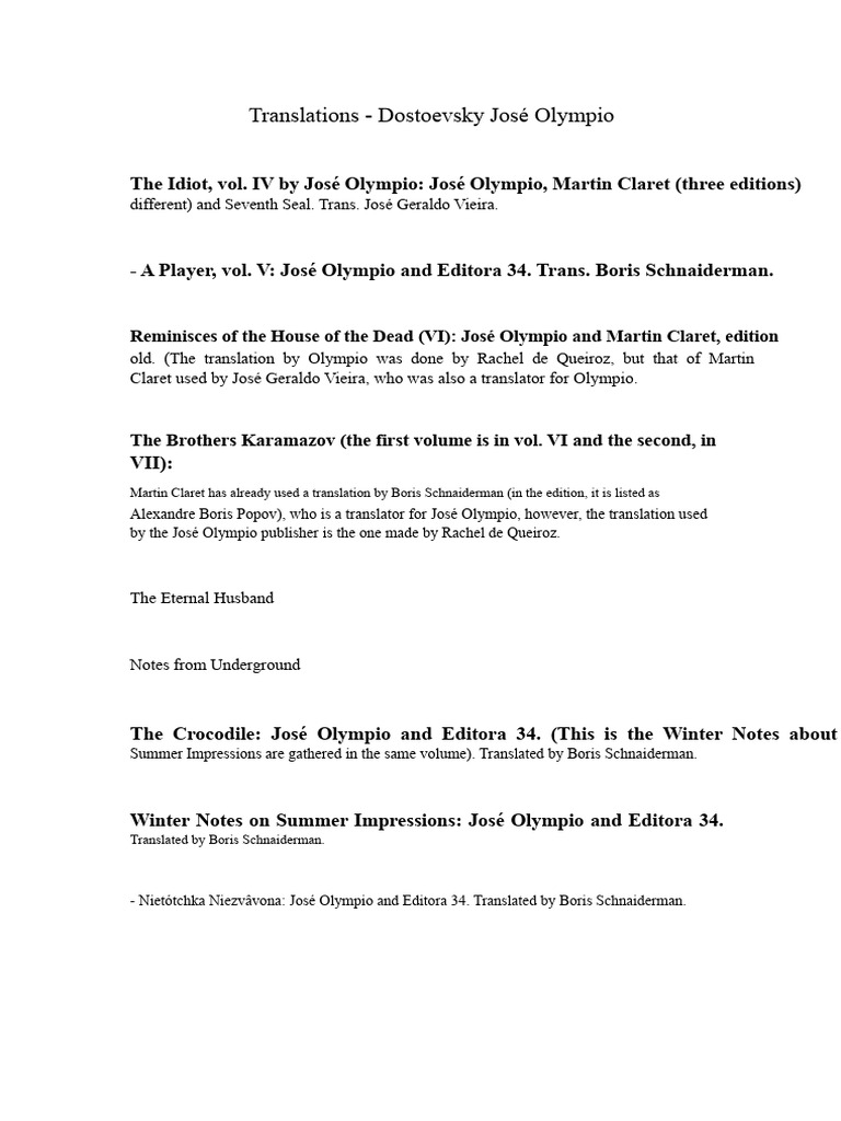 Translations - Dostoevsky José Olympio | PDF