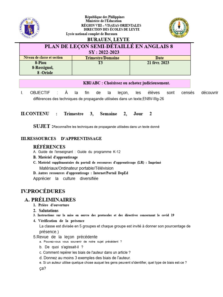 Plan de Leçon en Anglais 8 Q3 Semaine 2 Techniques de Propagande | PDF ...
