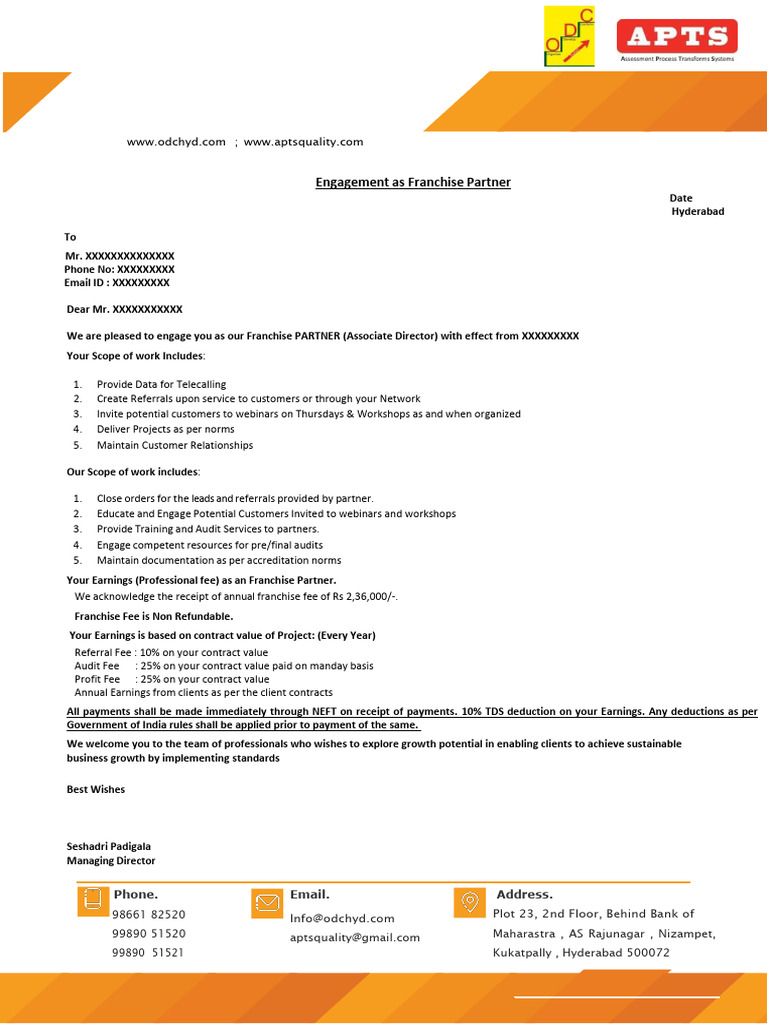 Sample Franchise Partner Engagement Letter | PDF | Business