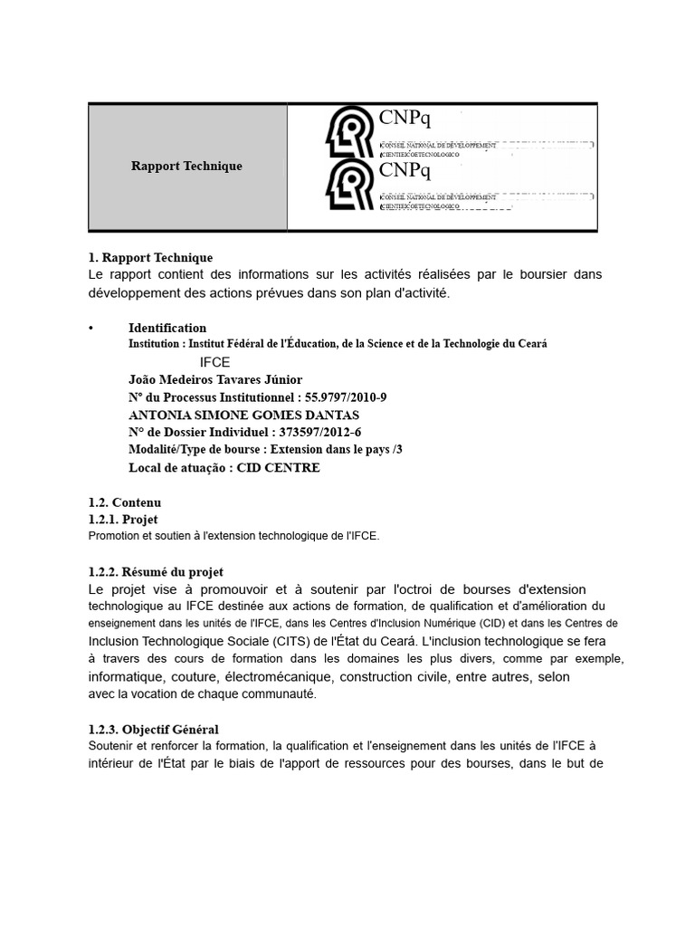 Rapport sur l'Extension Technologique IFCE | PDF