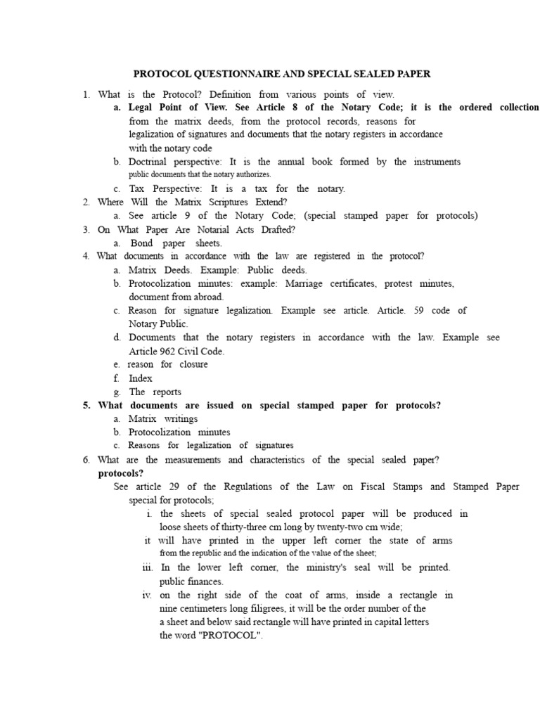 Protocol Questionnaire and Special Sealed Paper | PDF | Notary Public ...