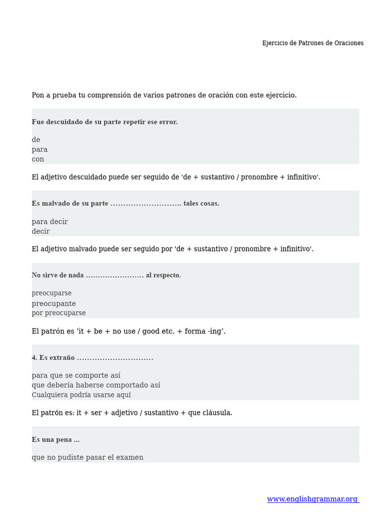 Ejercicio de Patrones de Oración | PDF | Oración (Lingüística) | Adverbio