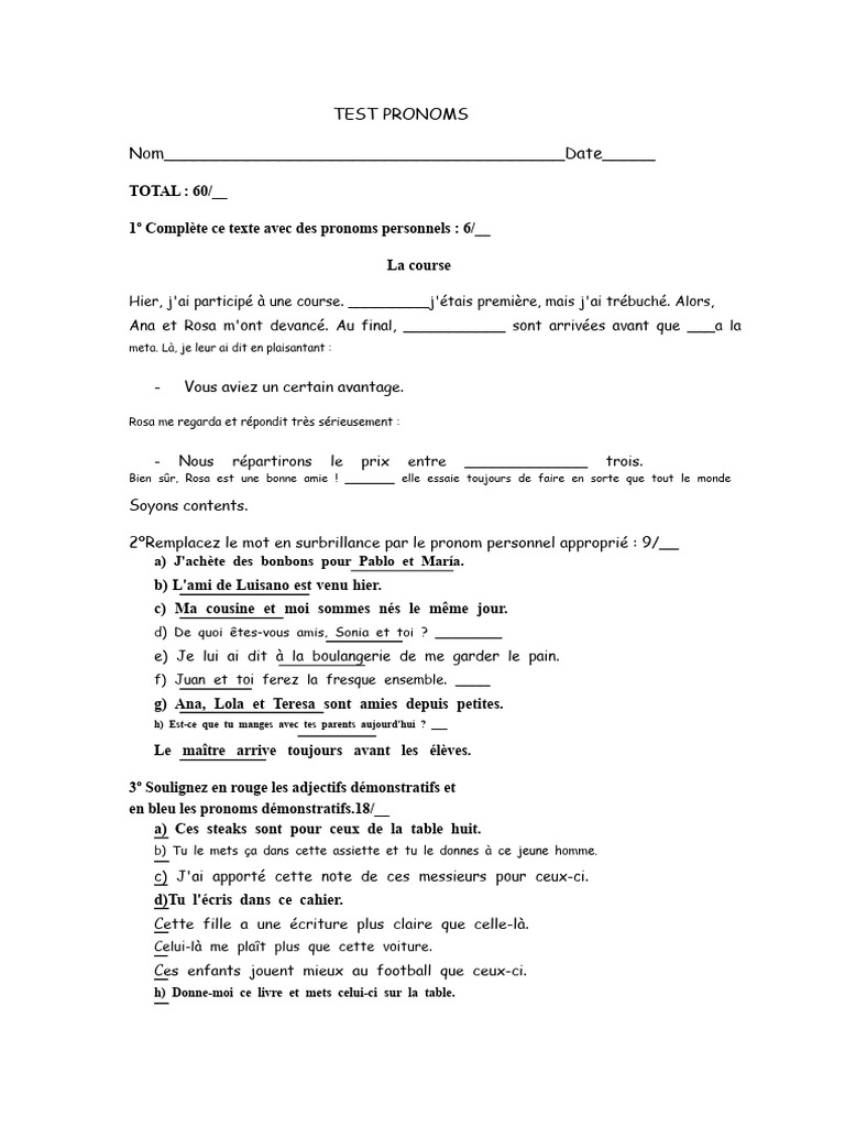 Test Des Pronoms | PDF | Pronom | Linguistique