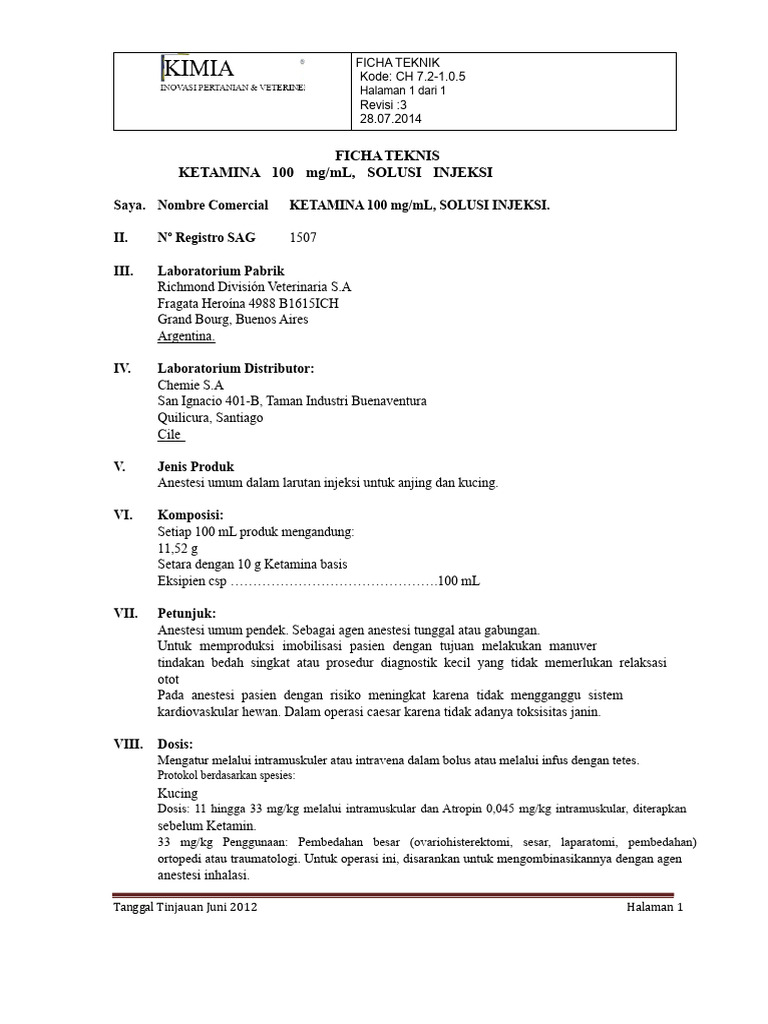 Ficha Teknis Ketamina 100 PDF | PDF