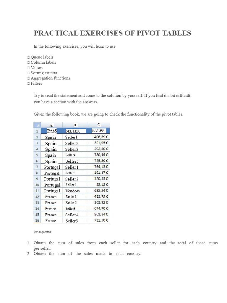 Practical Exercises On Pivot Tables | PDF