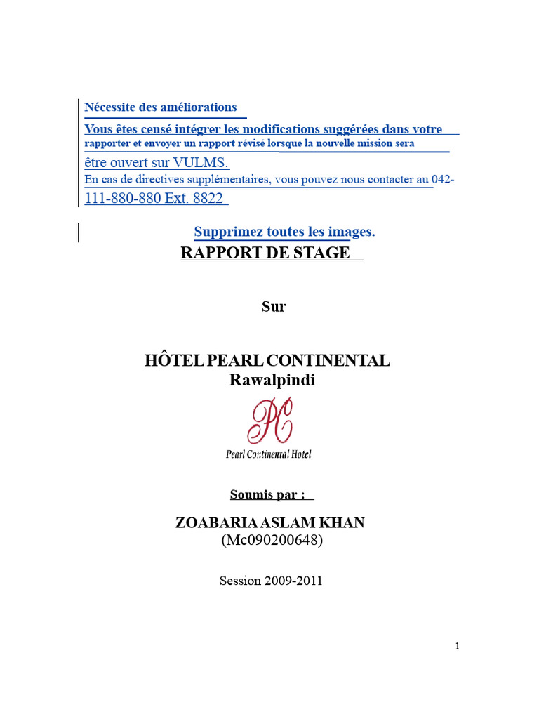 Rapport de stage sur l'Hôtel Pearl Continental | PDF | Gestion des ...