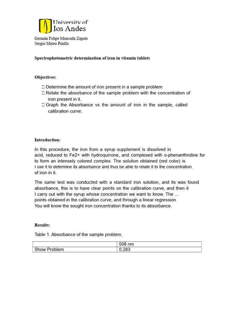 Spectrophotometric Determination of Iron in Vitamin Tablets | PDF ...