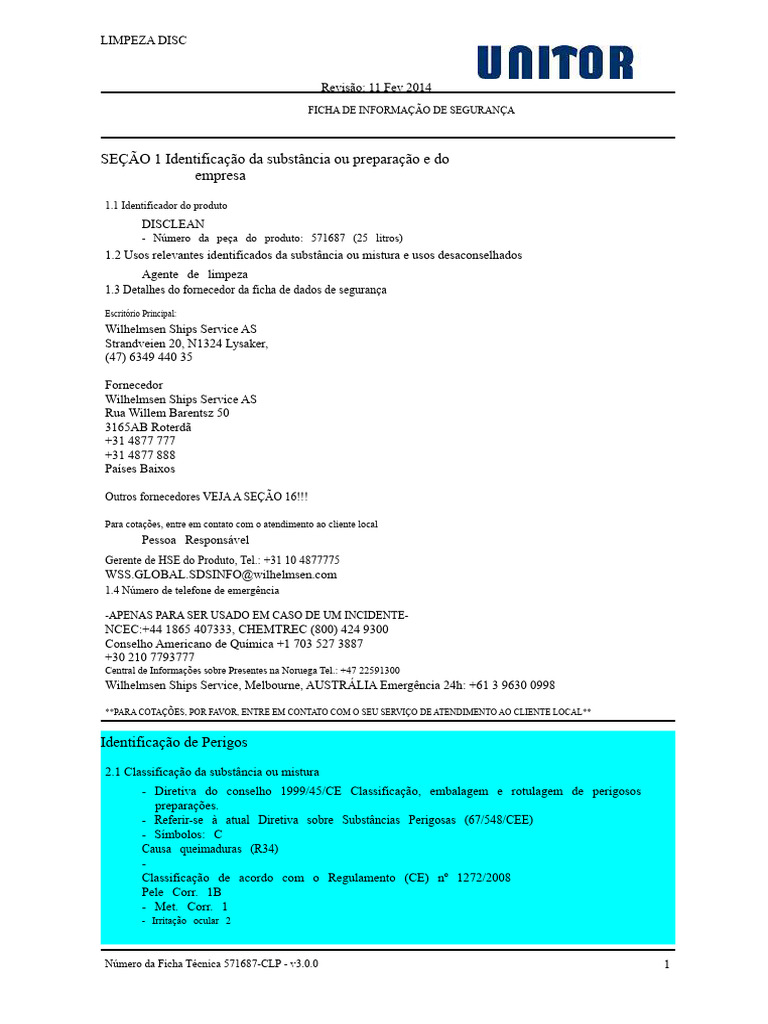 5 Unitor Disclean Ficha de Dados de Segurança (FDS) | PDF | Corrosão ...