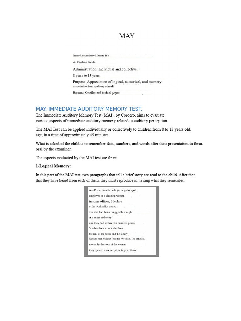 Immediate Auditory Memory Test for Kids | PDF