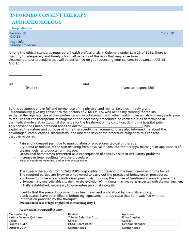 Informed Consent Language Therapy Hospitalization | PDF | Informed Consent | Health Care