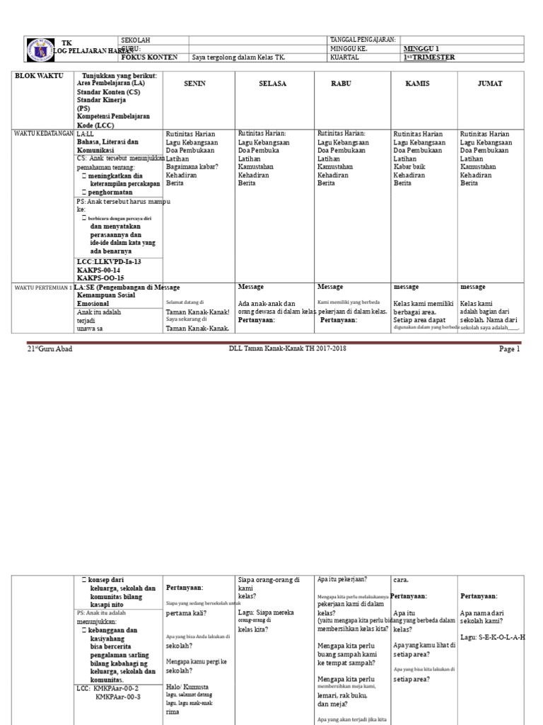 Kinder-Dll Minggu 1 | PDF