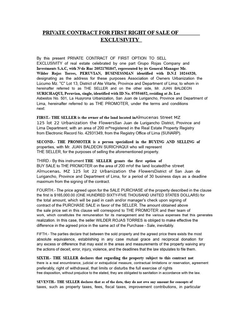 Private Contract For First Option of Exclusivity Sale | PDF | Civil Law ...