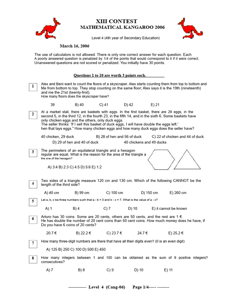 Kangaroo Mathematics Olympiad | PDF | Area | Triangle