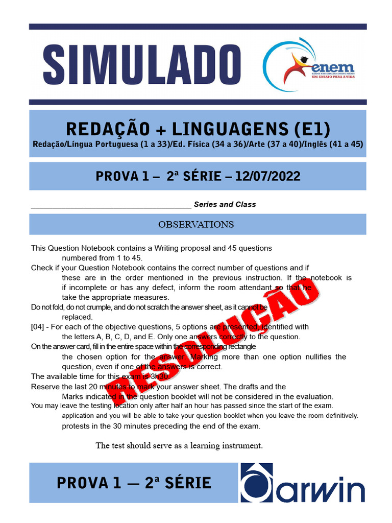 Answer Key For P1 Simulated Enem Languages 2nd Year 2022 | PDF ...