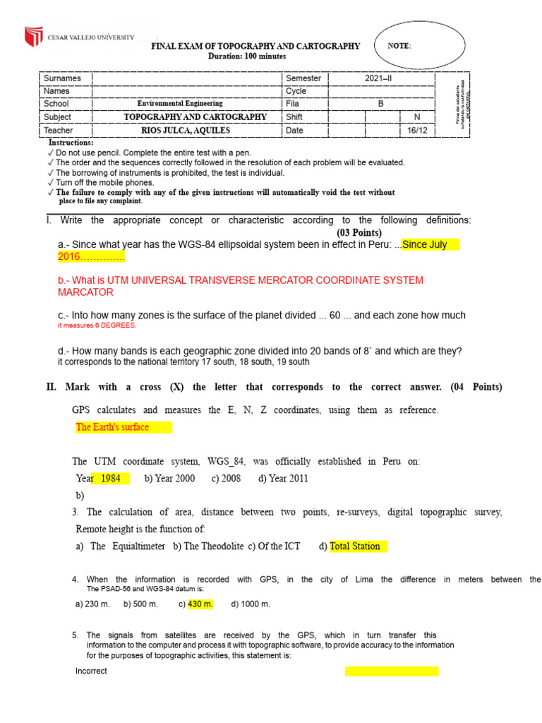 Final Exam Topography and Cartography Row B | PDF | Topography | Surveying