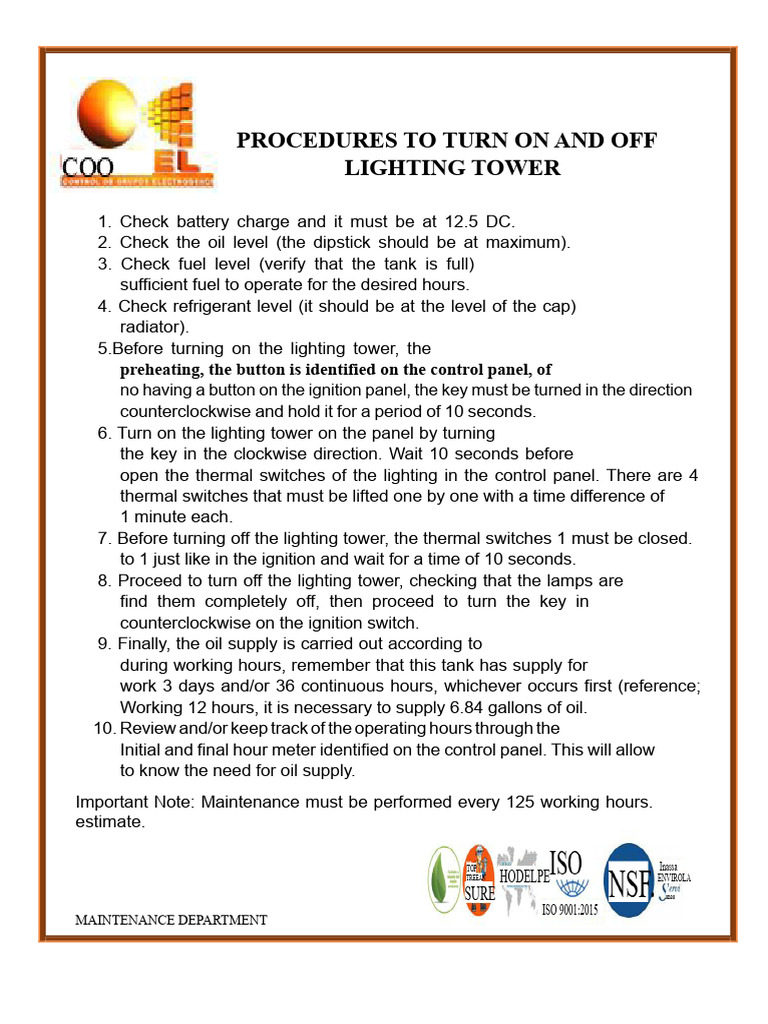 Lighting Tower Operation Procedures | PDF