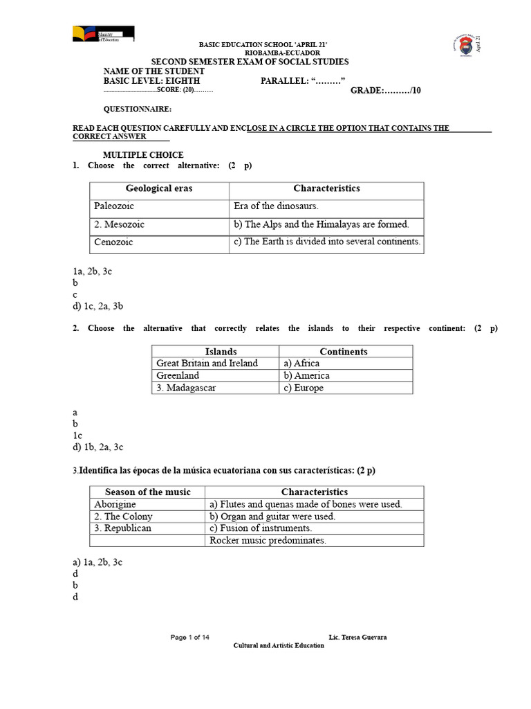 Evaluation Social Studies Second Quarter April 21 Eighth | PDF