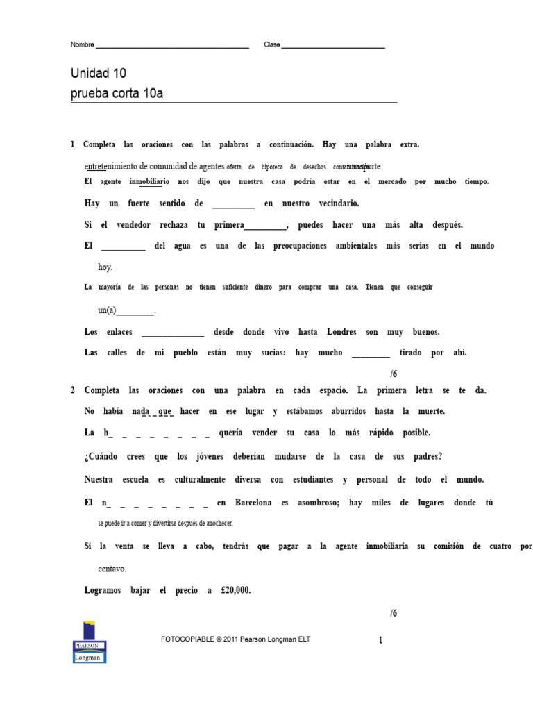 Prueba corta de vocabulario y gramática | PDF