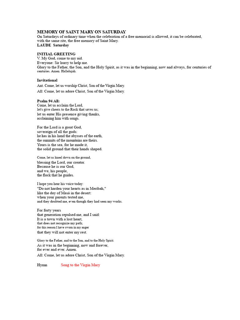 Lauds SATURDAY OF SAINT MARY | PDF | Mary, Mother Of Jesus | Jesus