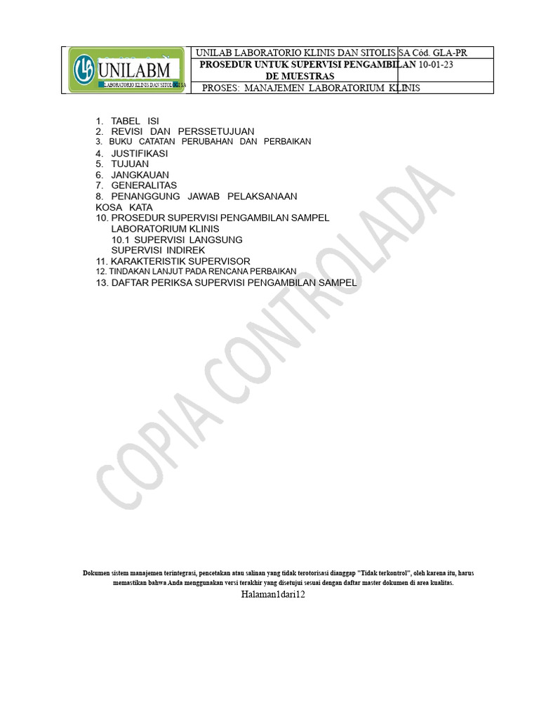 Prosedur Supervisi Pengambilan Sampel UNILAB | PDF