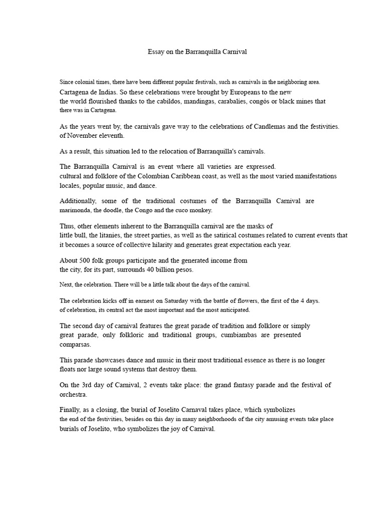 Essay On The Barranquilla Carnival | PDF
