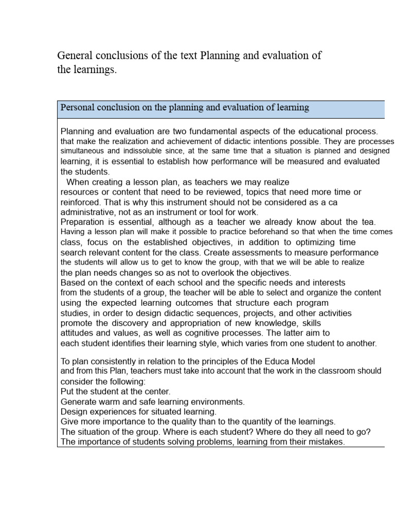 General Conclusions of The Text Planning and Evaluation of Learning ...