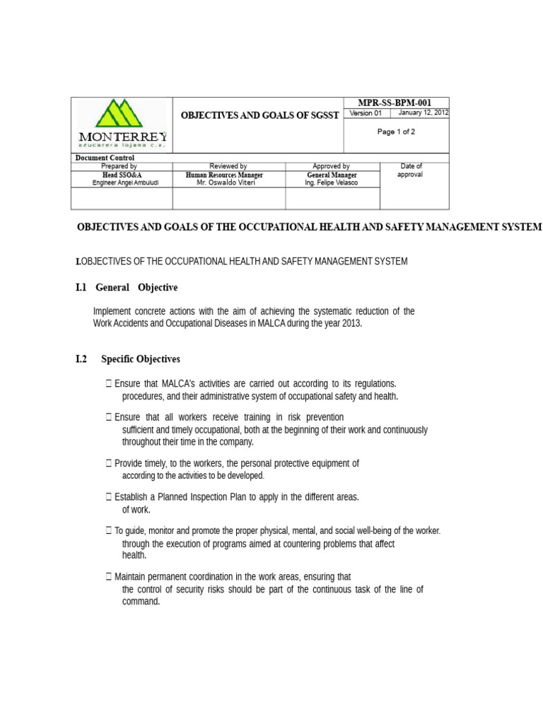 Objectives and Goals in Occupational Health and Safety | PDF ...