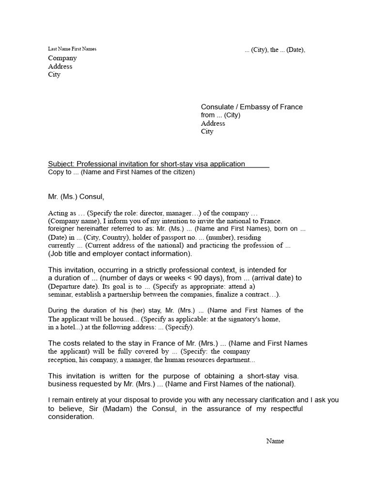 Model Invitation Letter For A Client or Partner For Short Stay Business ...