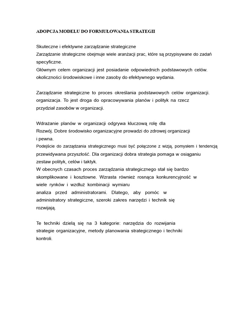 4.4 Przyjęcie Modelu Do Formułowania Strategii | PDF