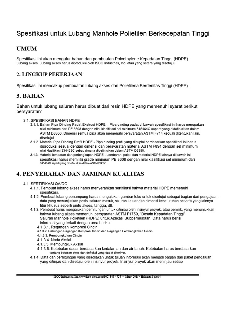 Spesifikasi Untuk HDPE MANHOLES PDF | PDF