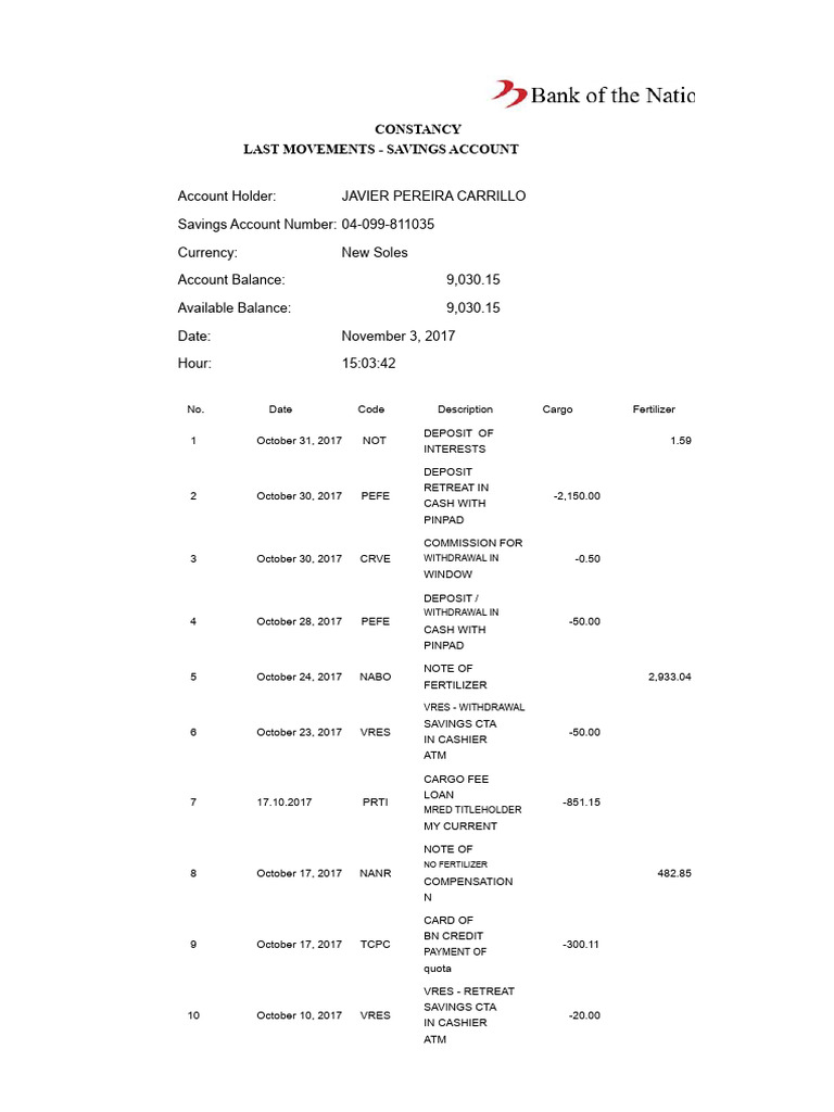 Certificate of Last Movements Inquiry - Savings Account | PDF | Deposit ...