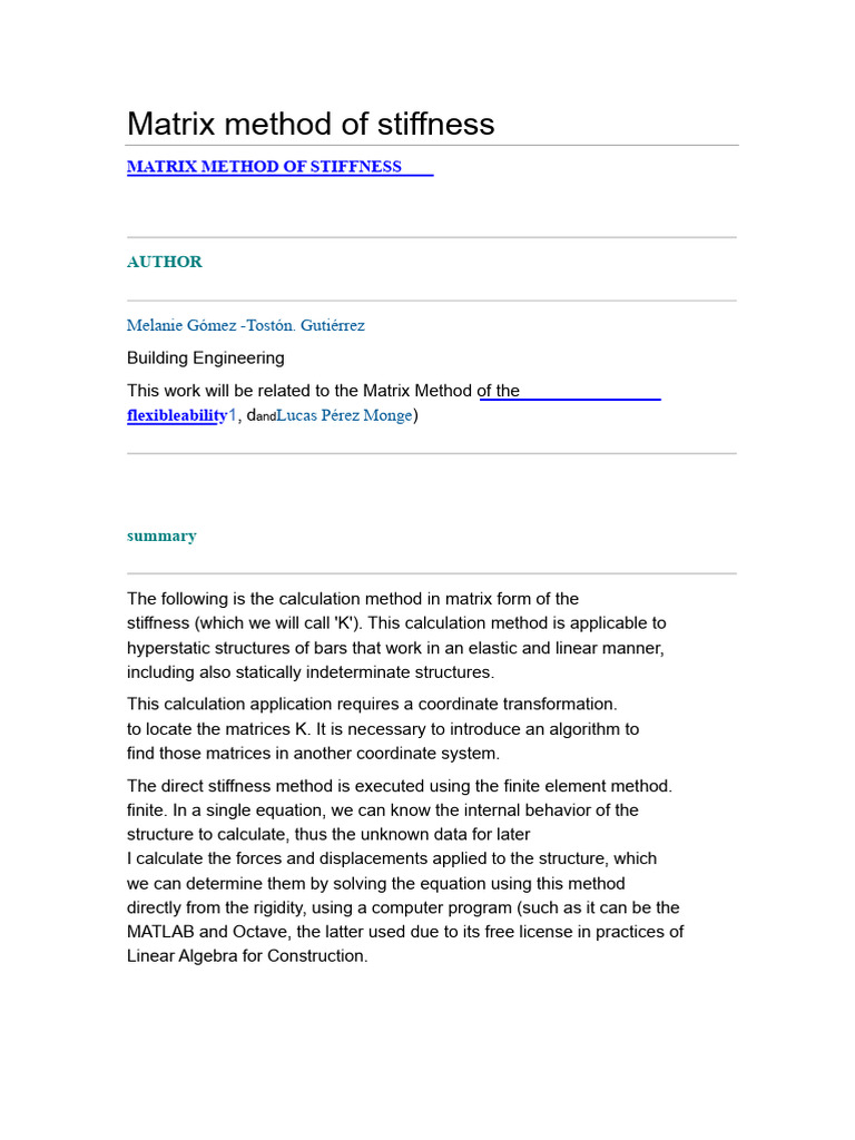 Matrix Method of Stiffness | PDF | Matrix (Mathematics) | Bending