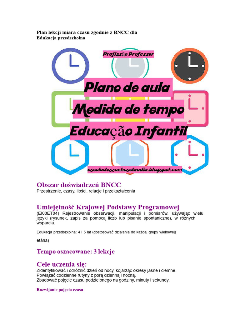 Plan Lekcji Dotyczący Pomiaru Czasu Zgodnie Z BNCC Dla Edukacji Przedszkolnej | PDF