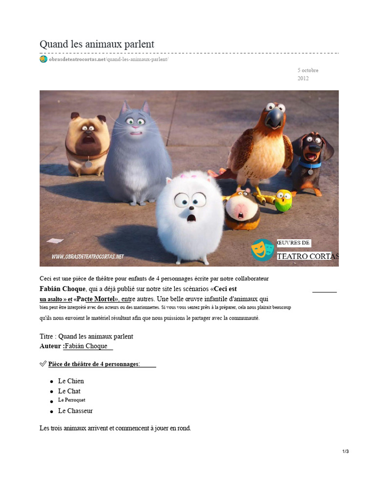 Pièce pour enfants : Les animaux parlent | PDF | Chasse | Chats