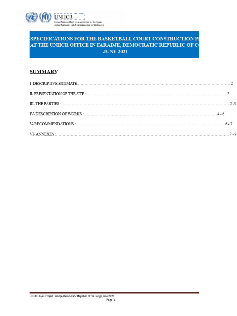 Annex A5 Specifications Project Basketball Court Unhcr Faradje June ...