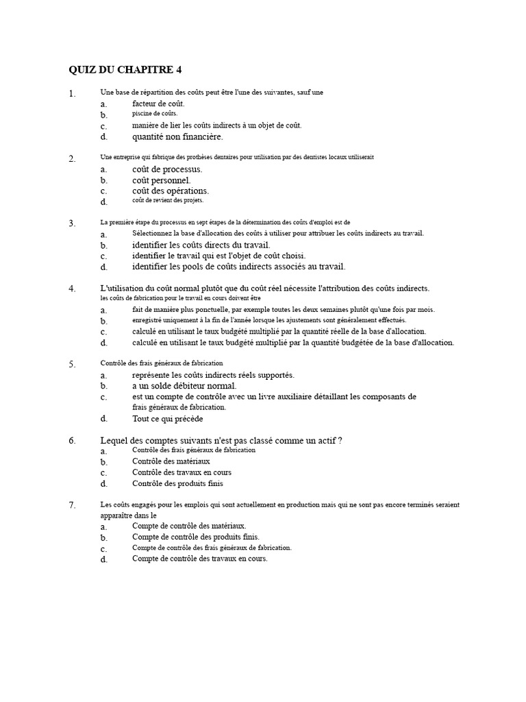 Quiz sur la répartition des coûts et la comptabilité | PDF