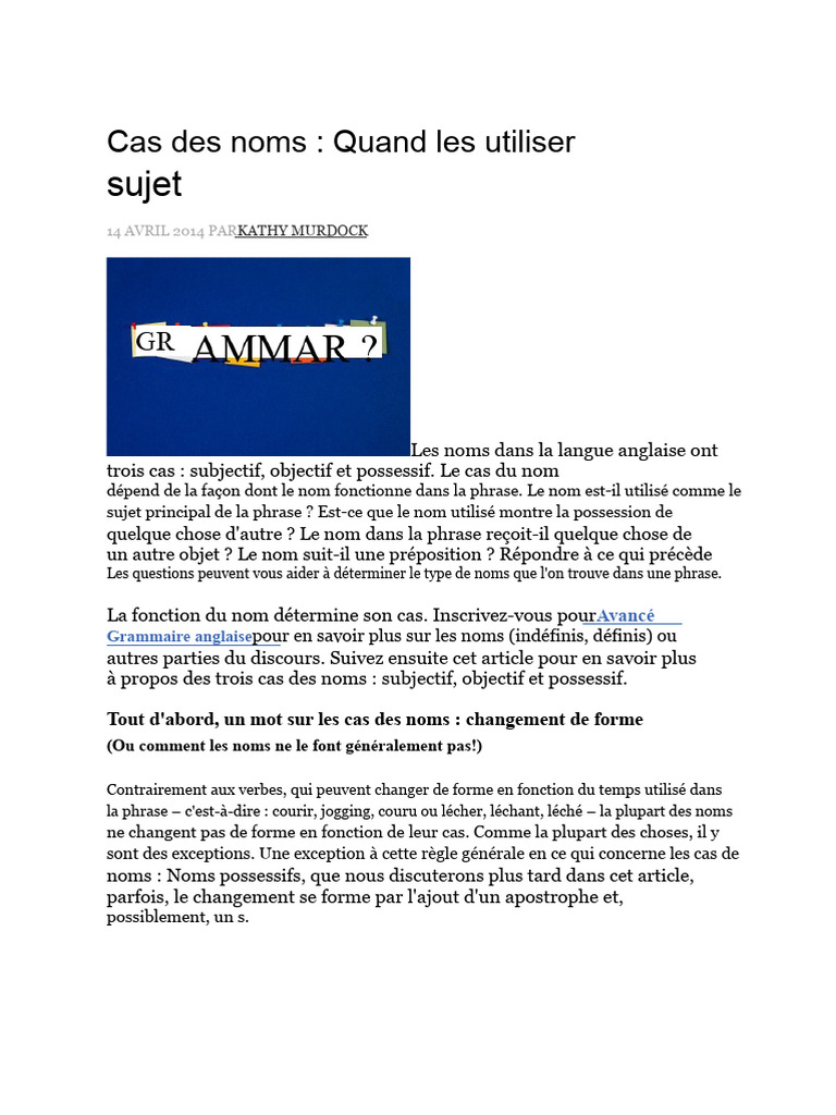 Les cas des noms en anglais expliqués | PDF | Sujet (Grammaire) | Phrase