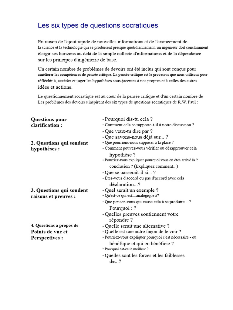Six types de questions socratiques | PDF | Pensée critique