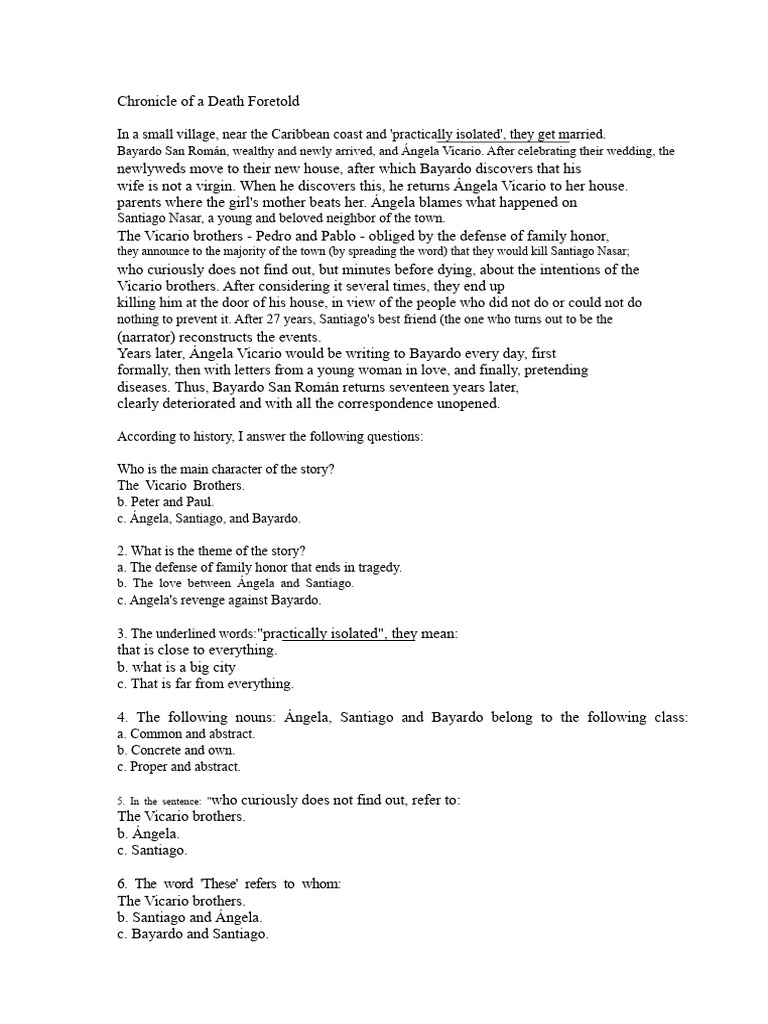 Argument of CHRONICLE OF A DEATH FORETOLD by Gabriel García Márquez ...