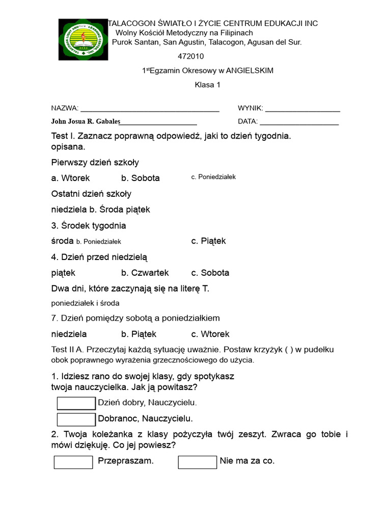 Klasa 1 Gabales 2. Egzamin Wstępny | PDF