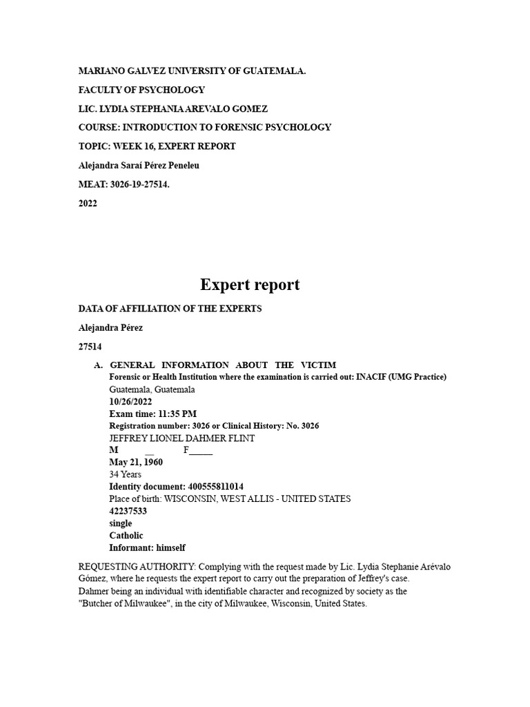Week 16 Forensic, Expert Report Jeffrey Dahmer, Ready | PDF | Forensic ...
