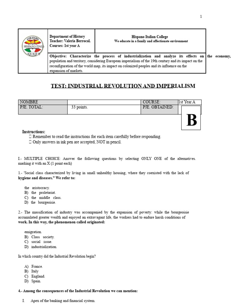 Test Rev. Ind. 1 Middle Row B | PDF | Imperialism | Industrial Revolution