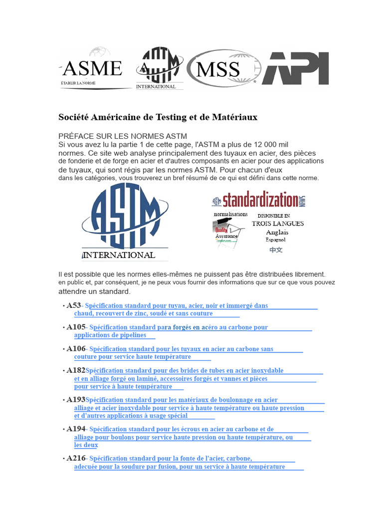 Normes ASTM pour Tuyaux en Acier | PDF | Acier | Tuyau