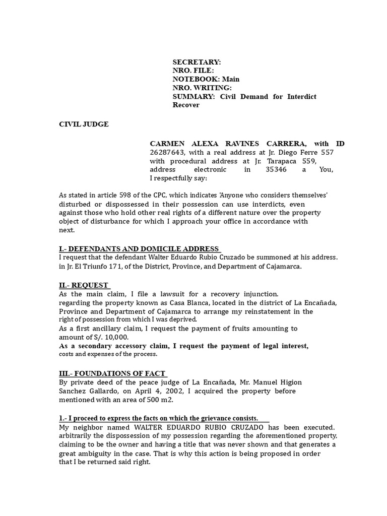 Model of Interdict To Recover | PDF | Lawsuit | Judiciaries