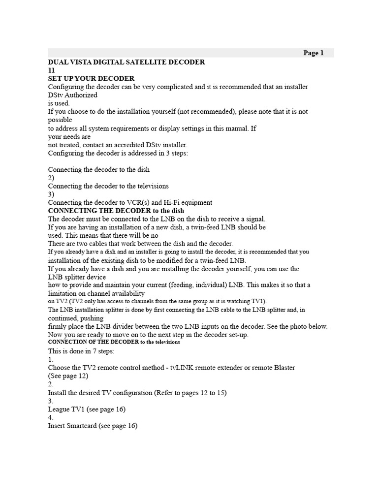 Dual Vista Satellite Decoder Setup Guide | PDF | Cable Television ...