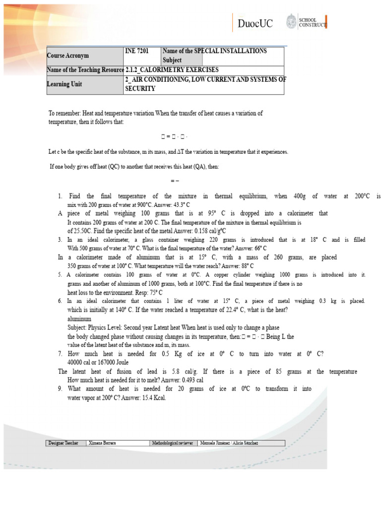 Calorimetry Exercises for Physics Students | PDF | Heat | Calorimetry