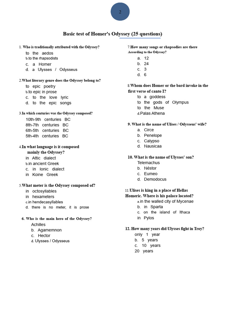Odyssey by Homer - 25 Questions. ICFES TYPE | PDF | Odyssey | Odysseus