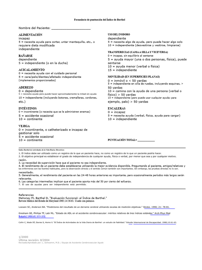 Índice de Barthel: Evaluación de Dependencia | PDF